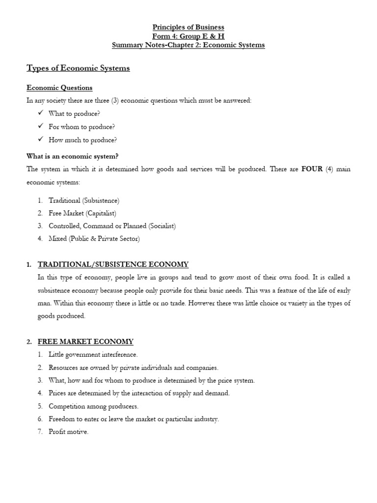 Principles of Business-Form 4-Summary Notes-Chpt. 2-Economic Systems ...