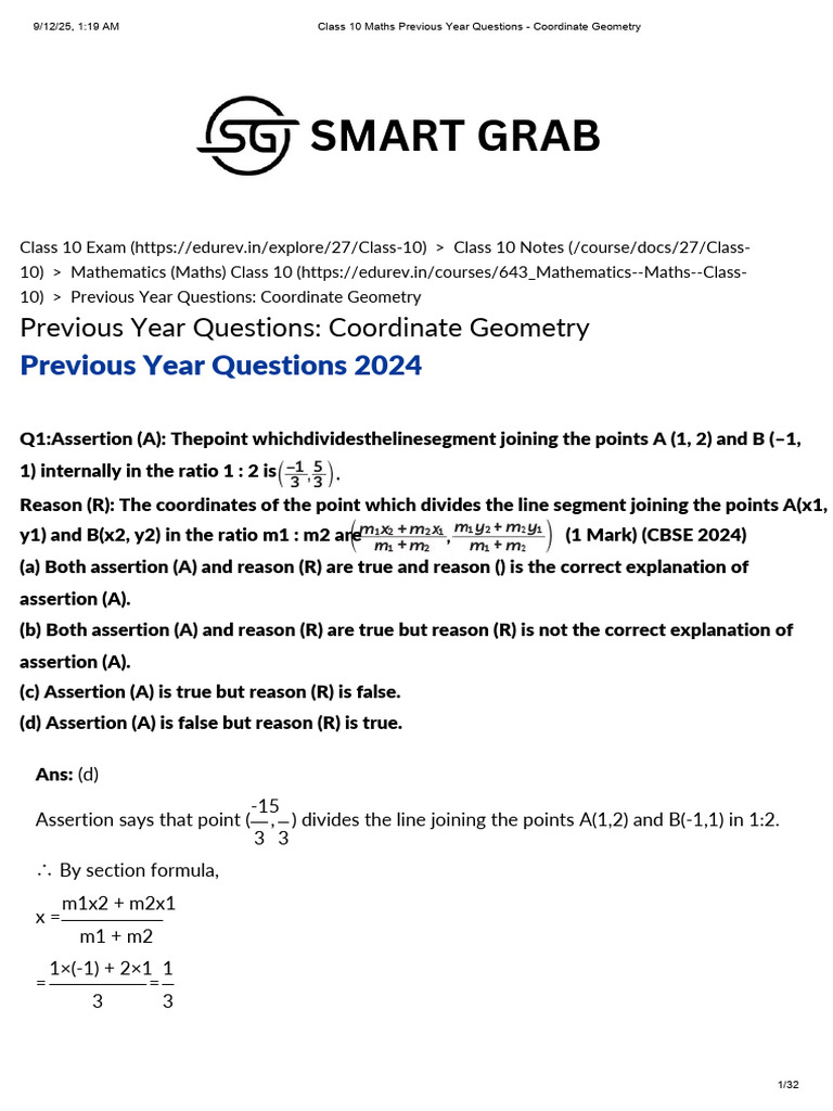 Class 10 Coordinate Geometry Questions | PDF | Circle | Cartesian ...