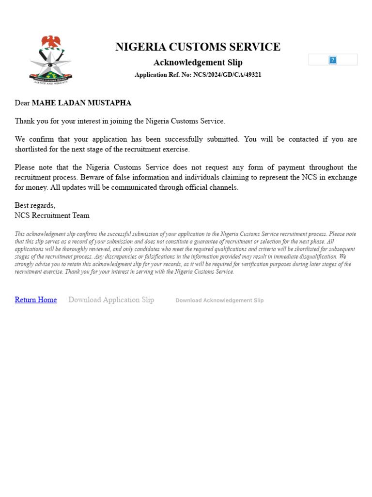 Https :recruitment - Customs.gov - Ng:Confirmation:Acknowledgement Slip ...