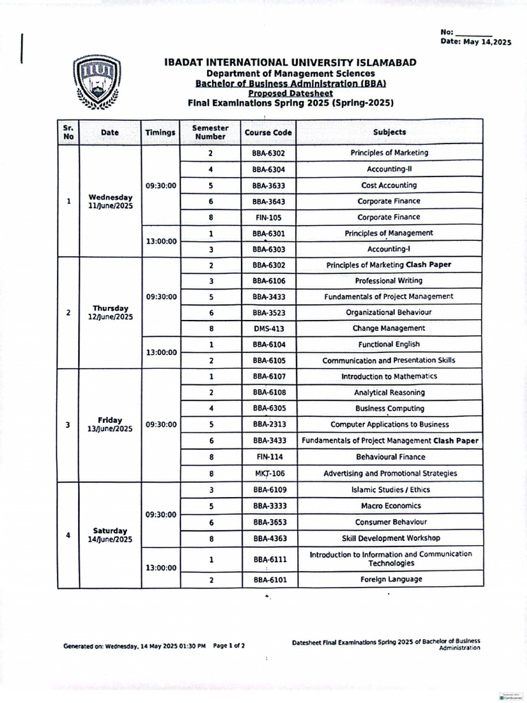 Proposed Final Datesheet 2025 Pdf