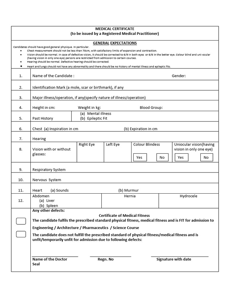 Medical Fitness Certificate | PDF | Medical Specialties