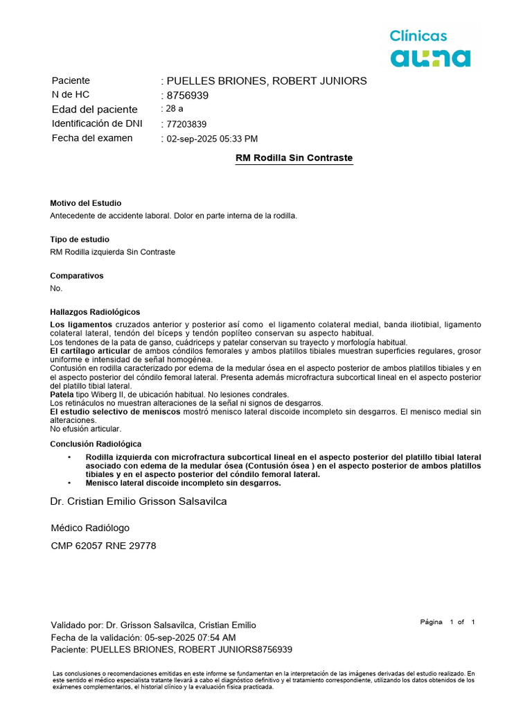 Informe Medico - RM Puelles Briones | PDF | Rodilla | Especialidades ...