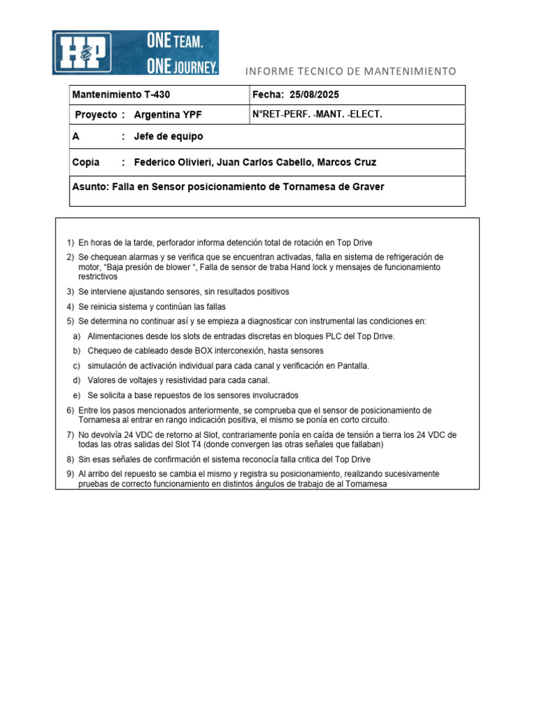 Informe Tecnico de Falla en Sensor de posicion de Tornamesa graver | PDF | Electrónica ...