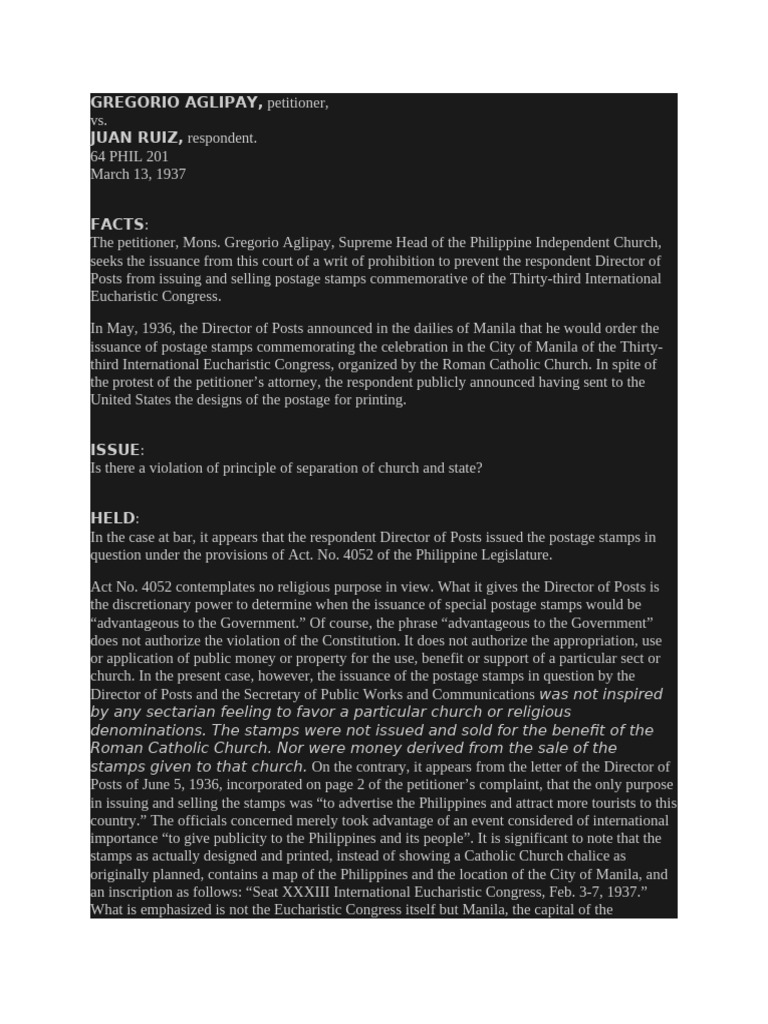 Aglipay vs. Ruiz: Church and State Case | PDF | Separation Of Church ...
