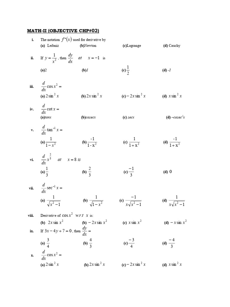 Objecive Chp#02 Math-II | PDF | Mathematical Analysis | Calculus