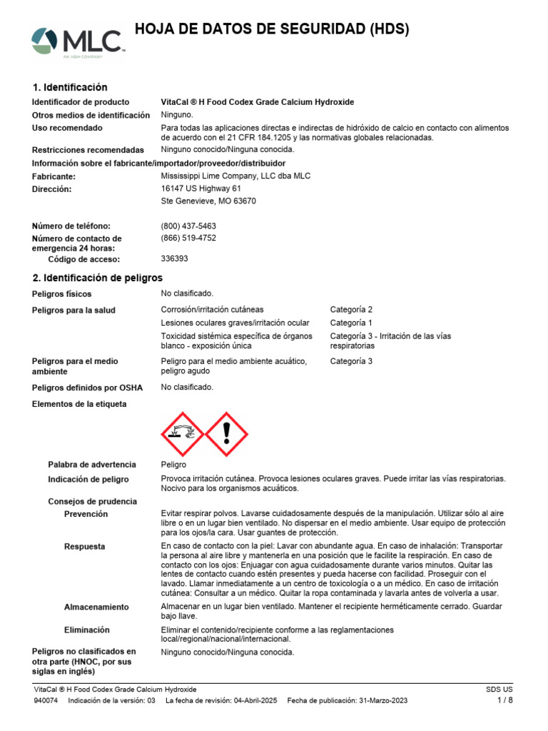 14.VitaCal ® H Food Codex Grade Calcium Hydroxide SDS - US Mexican ...