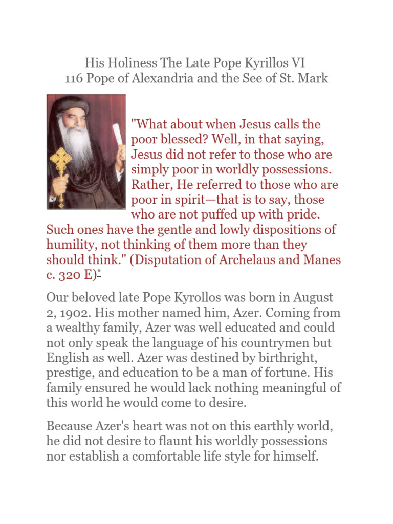 ST Pope Kyrillos Vi HG Bishop Youssef | PDF | Pope | Saint