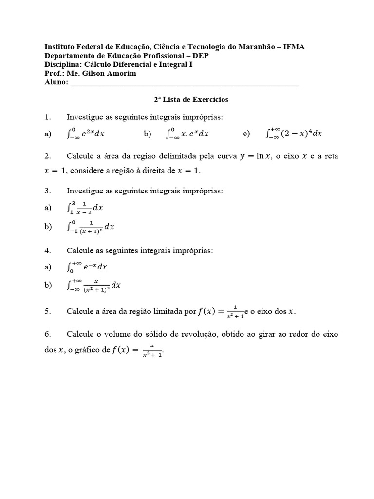 Exercícios de Cálculo Integral e Impróprio | PDF