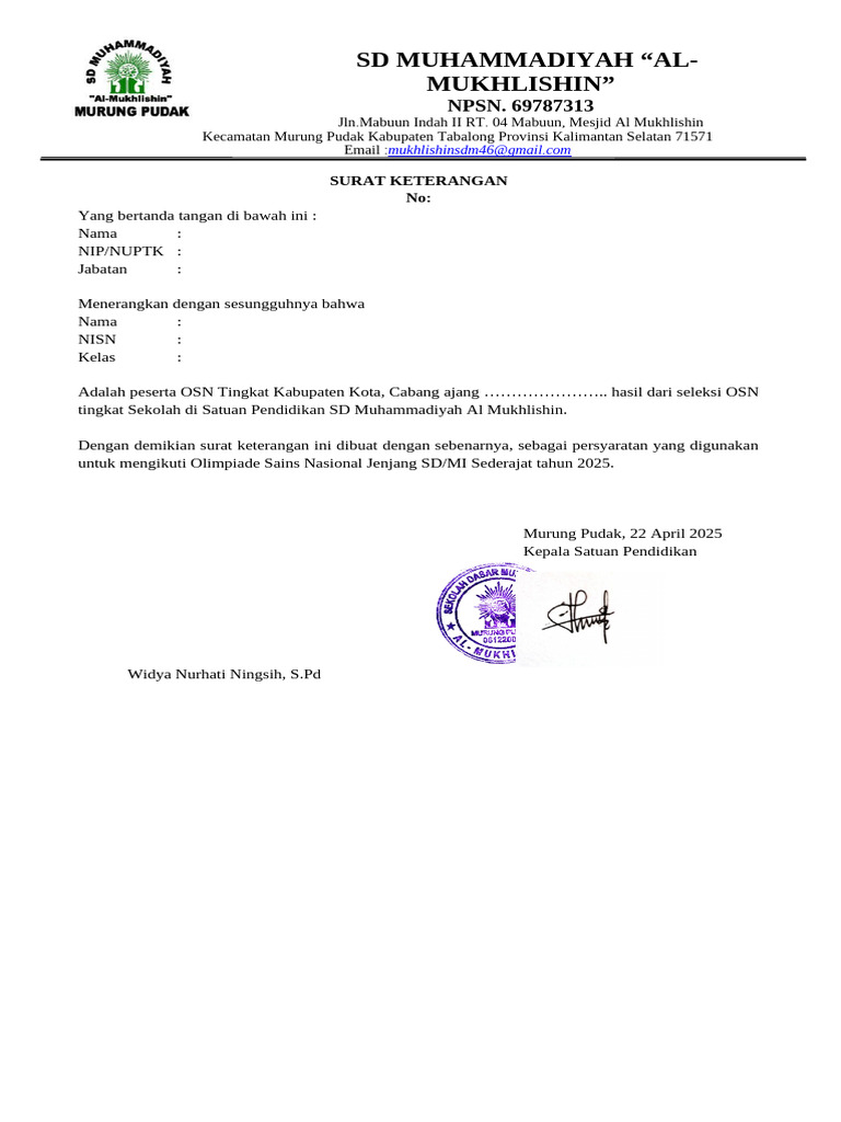 Surat Keterangan Kepsek | PDF