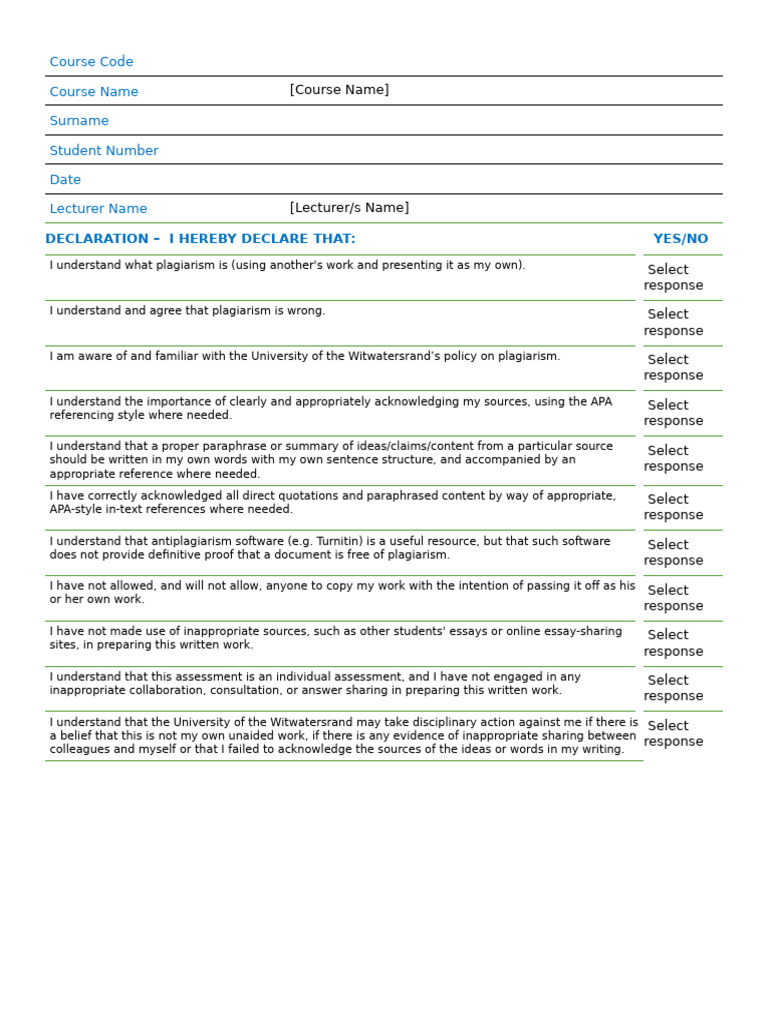 Plagiarism Declaration Form 2023 | PDF | Plagiarism | Turnitin