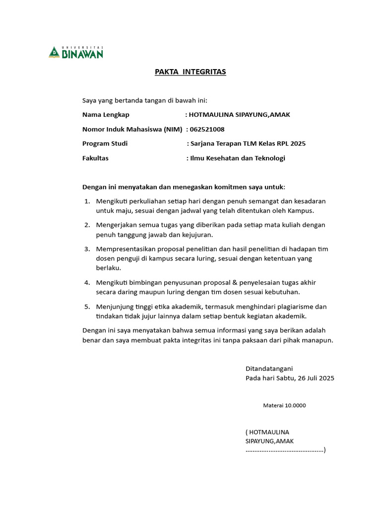 Pakta Integritas Mahasiswa TLM 2025 | PDF