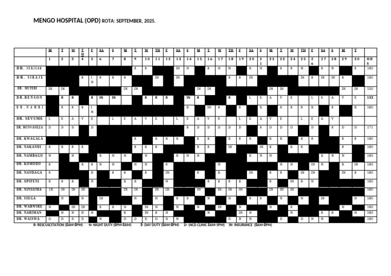 Mengo September 2025, Mo's Rota. | PDF