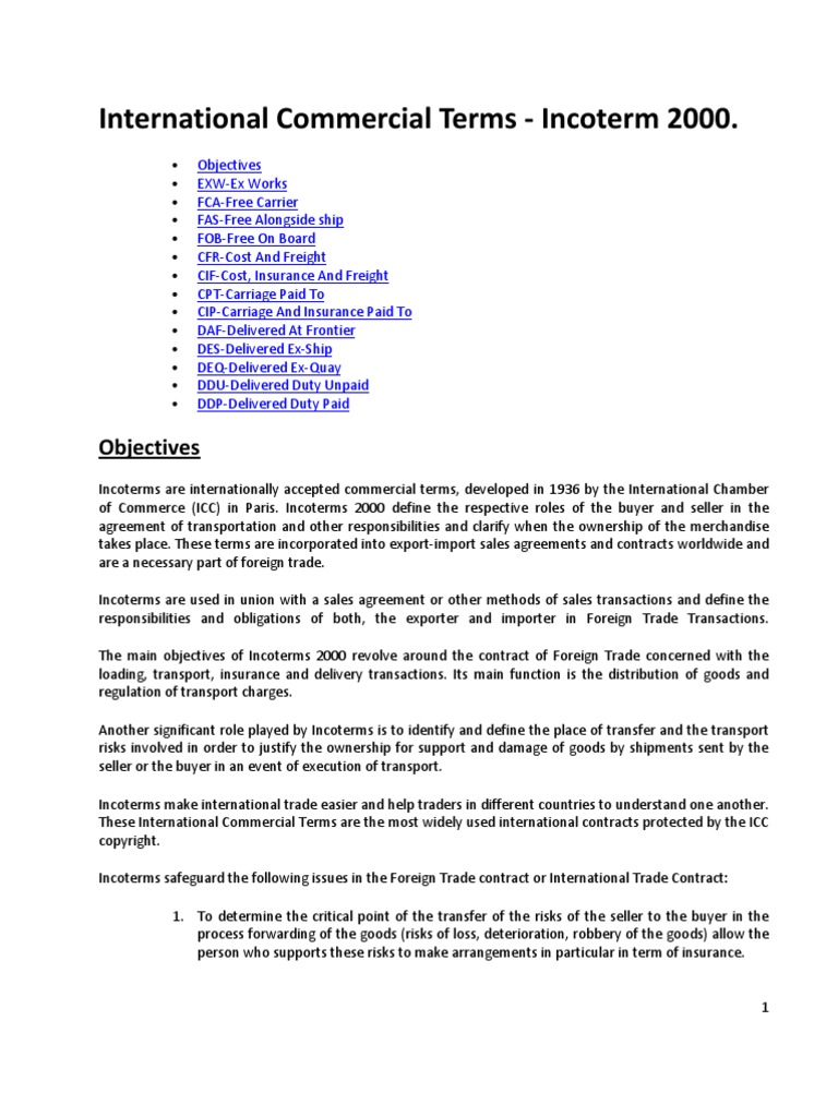 Incoterms 2000 Guide: International Commercial Terms Explained | PDF ...