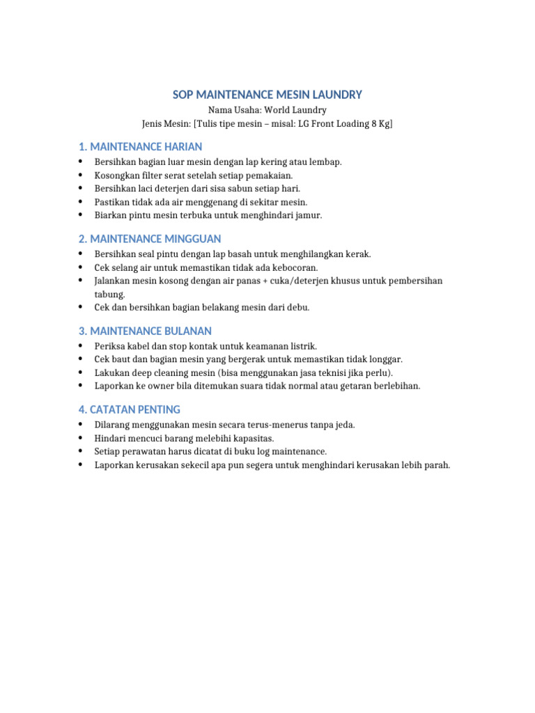 SOP Maintenance Mesin Laundry World Laundry | PDF