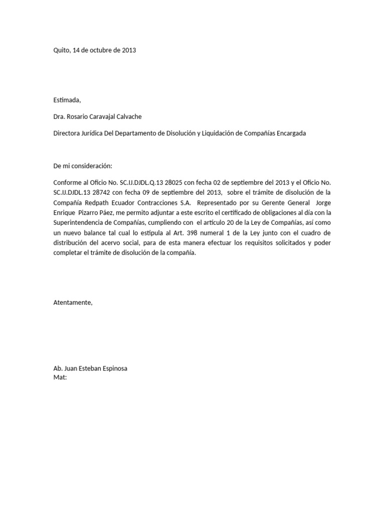 Carata Disolucion de La Compñaia REDPATH | PDF