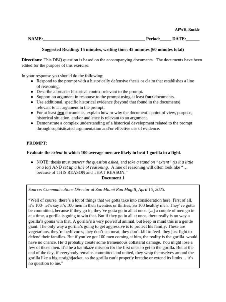 100 Men V Gorilla DBQ 2025 | PDF | Gorilla | Foot (Unit)