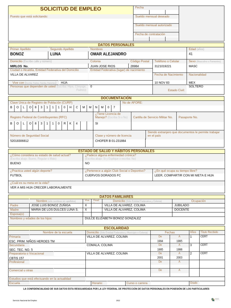 Sne Solicitud de Empleo Plantilla Snte | PDF