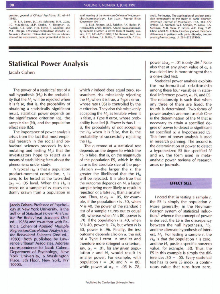 Cohen 1992 Statistical Power Analysis | PDF