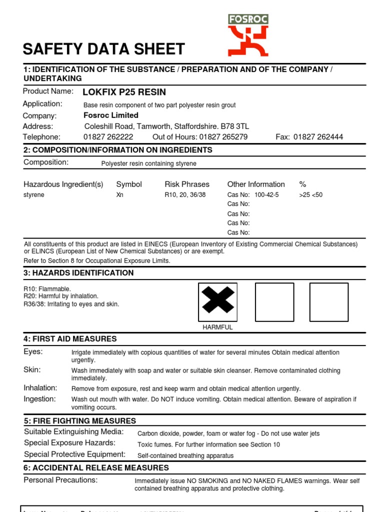 SDS Lokfix P25 Resin and Filler 01.03 | Dangerous Goods | Chemistry