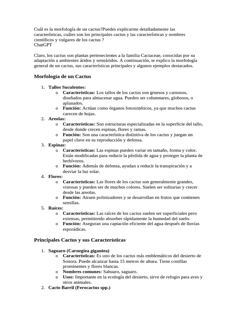 Morfología y cuidados de los cactus | PDF | Biología | Plantas
