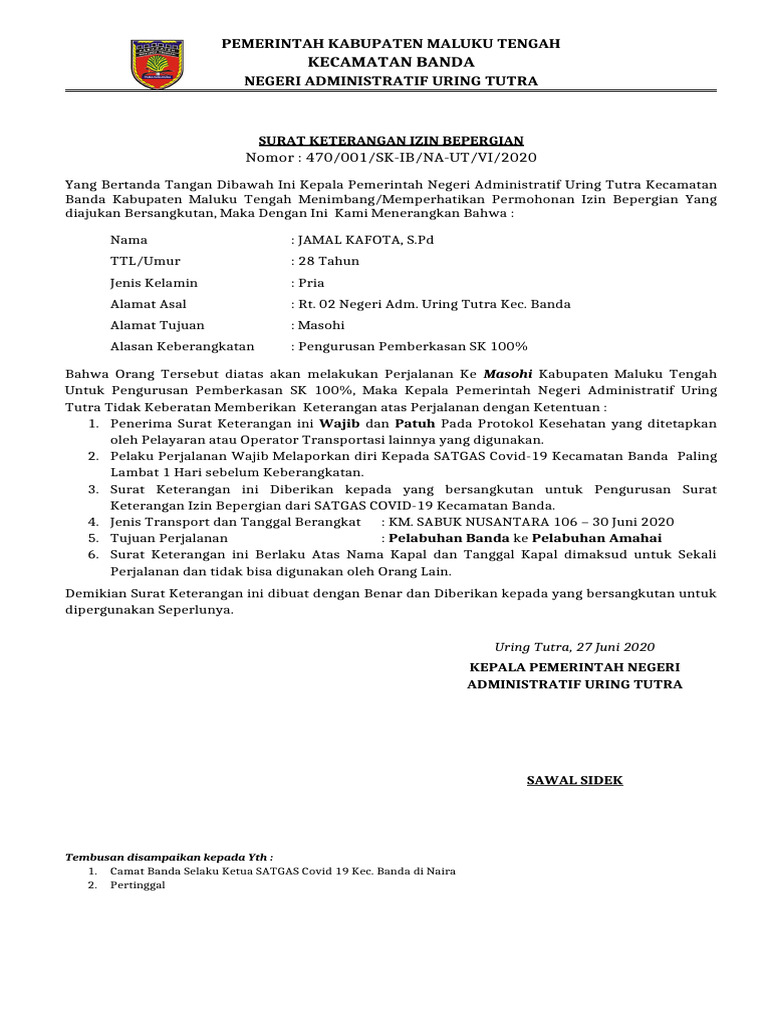 Surat Izin Bepergian Uring Tutra | PDF