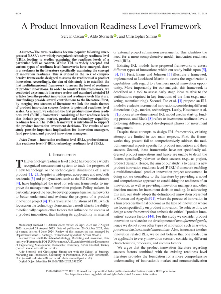Product Innovation Readiness Framework | PDF | Innovation | Analysis
