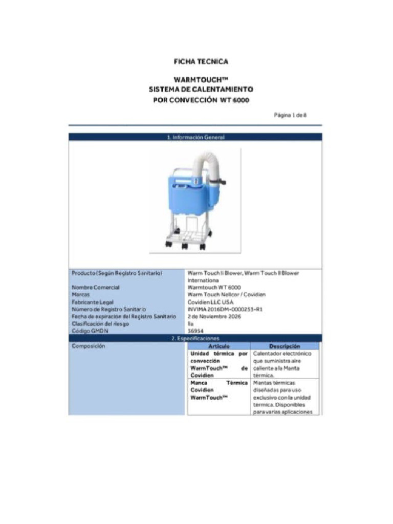 Ficha Tecnica - CAlentador Warm Touch BL-WT6000 | PDF