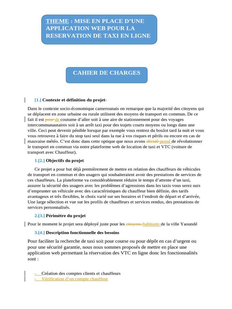 CAHIER DE CHARGES APPLICATION WEB DE VTC - v1 - Corrigé | PDF ...