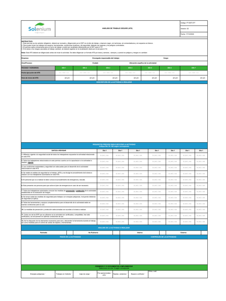 FT-SST-077 - Análisis de Trabajo Seguro (ATS) .V2 - SOLENIUM SAS | PDF | Residuos