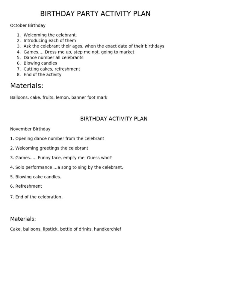 Birthday Party Activity Plans Guide | PDF | English Language