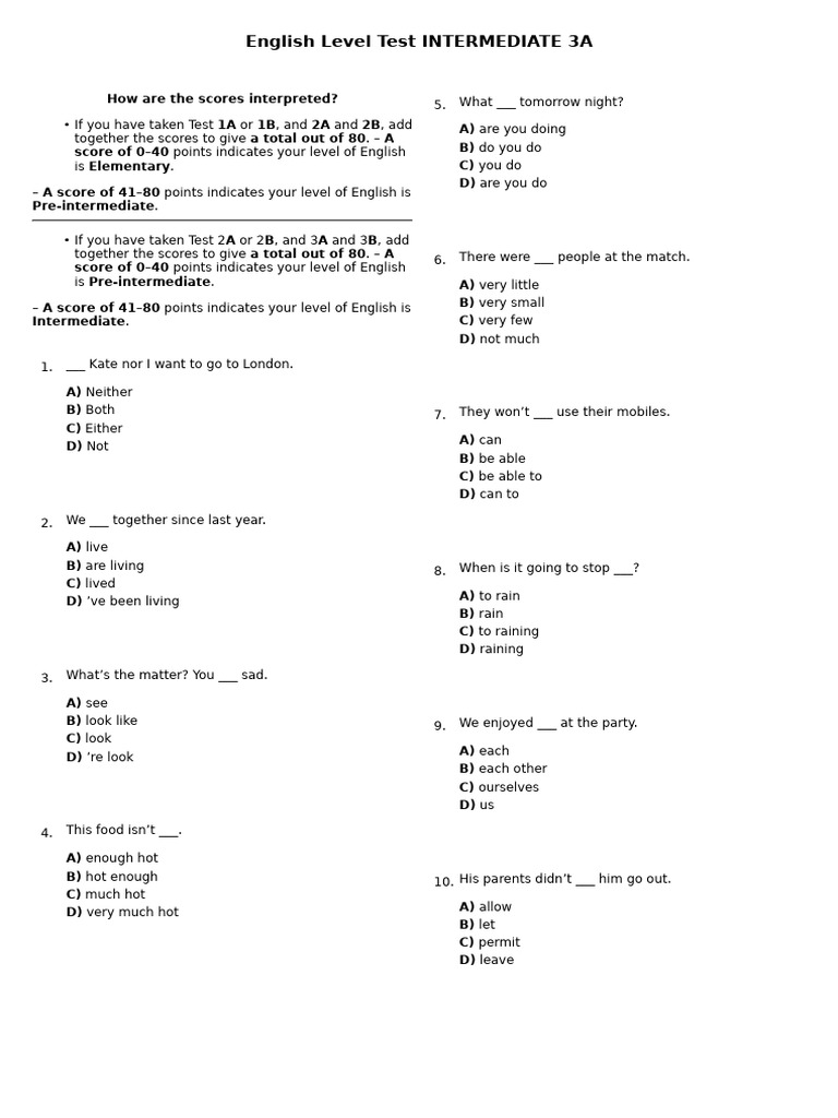 English Intermediate English Test | PDF | Chess | Chess Theory