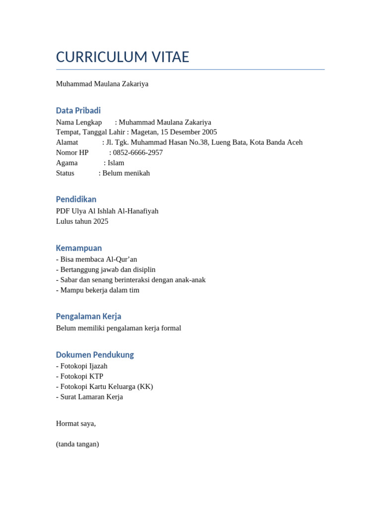 CV Muhammad Maulana Zakariya | PDF