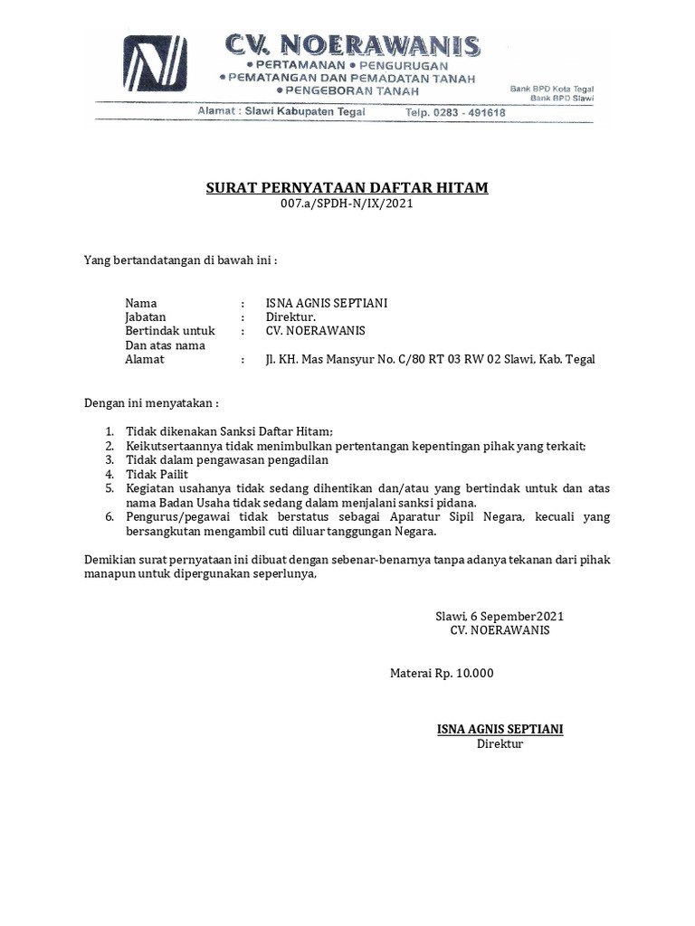 Surat Pernyataan Daftar Hitam | PDF