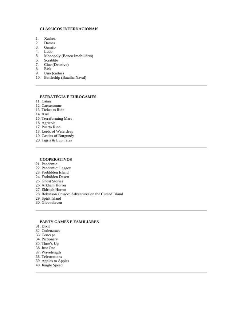 Lista de Jogos de Tabuleiro Clássicos | PDF