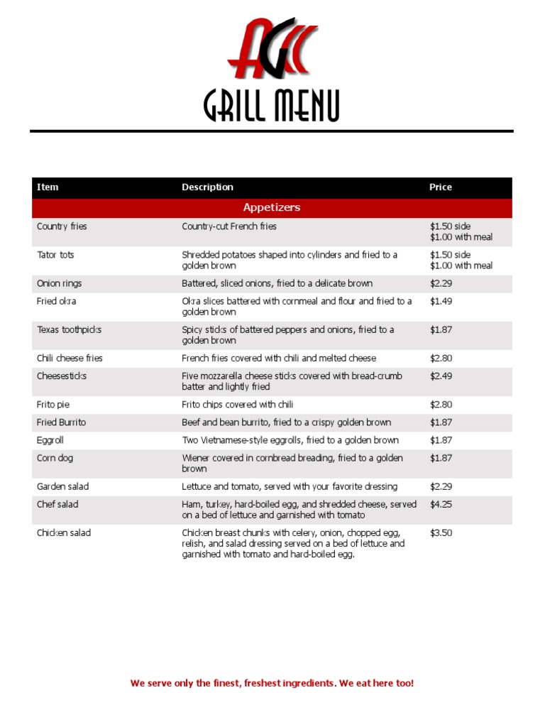 Grill Menu | PDF | Hamburgers | Sausage