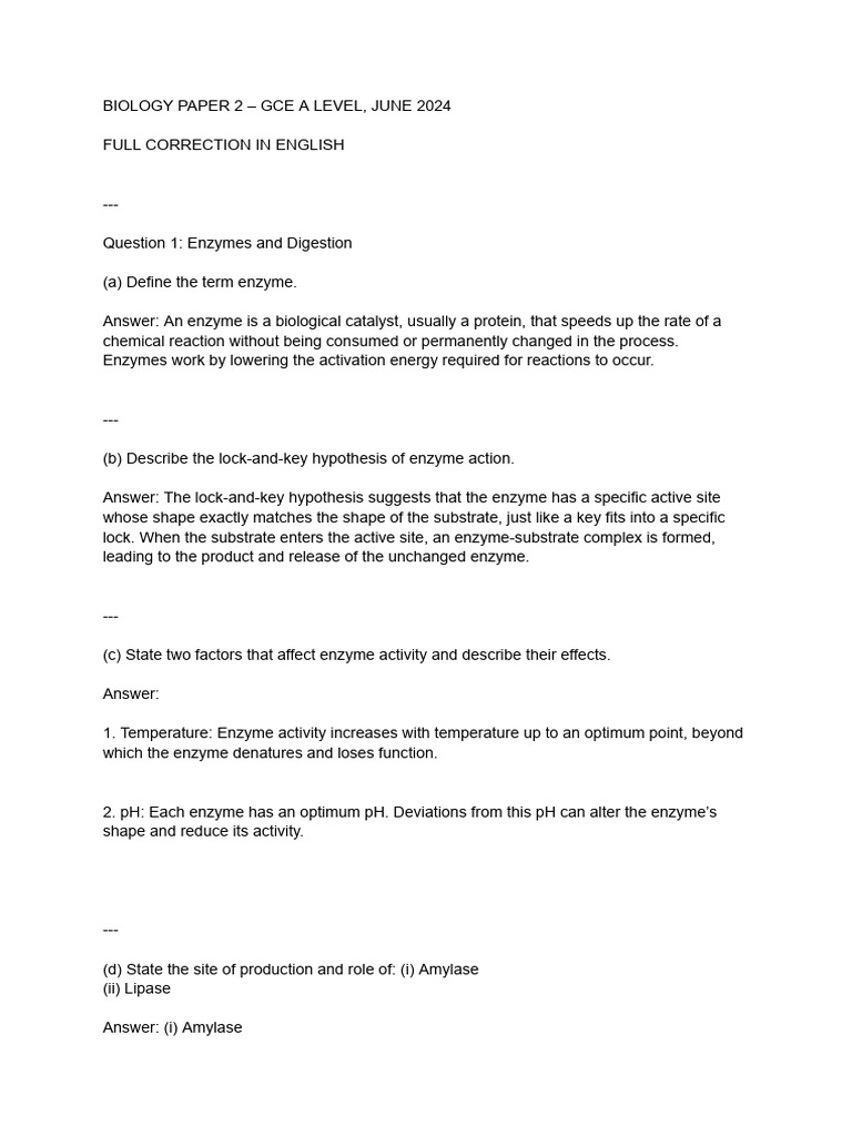 GCE A Level Biology Paper 2, June 2024 | PDF | Cell (Biology) | Enzyme