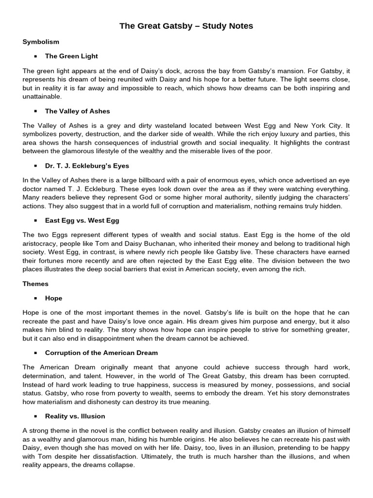 The Great Gatsby - Study Notes | PDF | The Great Gatsby | Narration