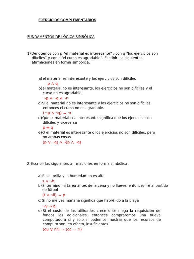 EJERCICIOS COMPLEMENTARIOS | PDF | Proposición | Lógica