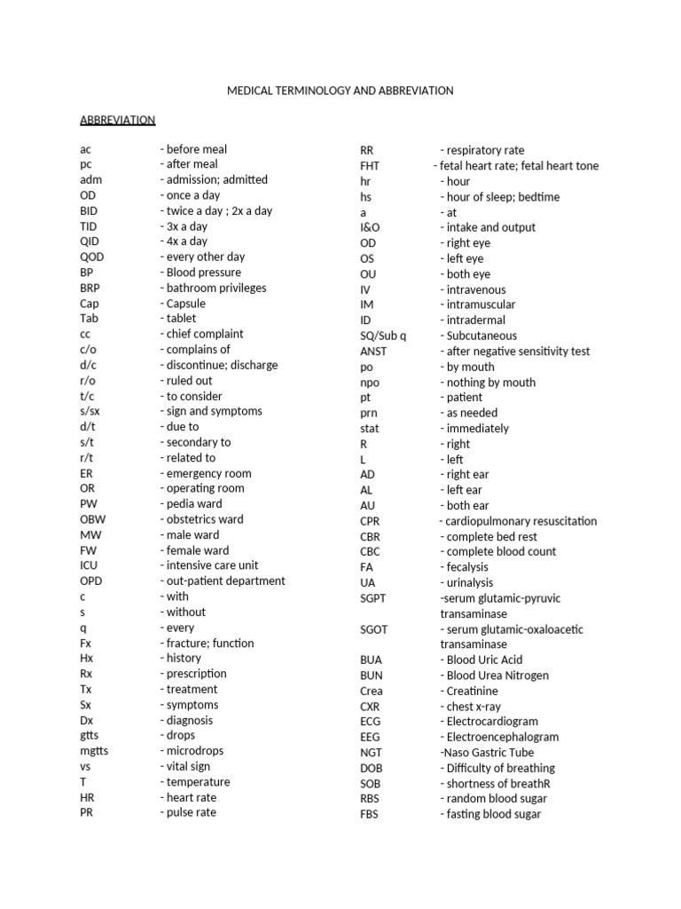 Medical Abbreviations Guide | PDF | Medicine | Physiology