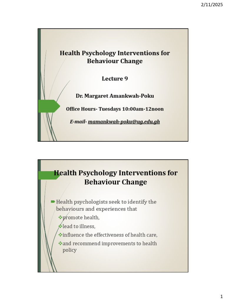 Lecture 9- Health Psychology Interventions for Behaviour Change | PDF | Health Psychology ...