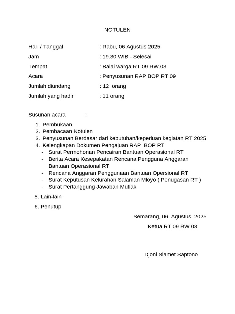 Notulen Penyusunan RAP BOP RT 09 | PDF