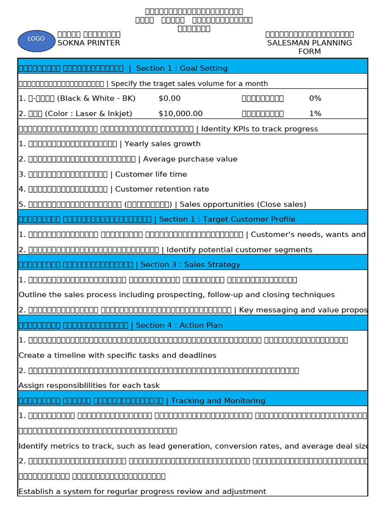 SNP - Salesman - Salesman Planning Form - 2024-2025 | PDF