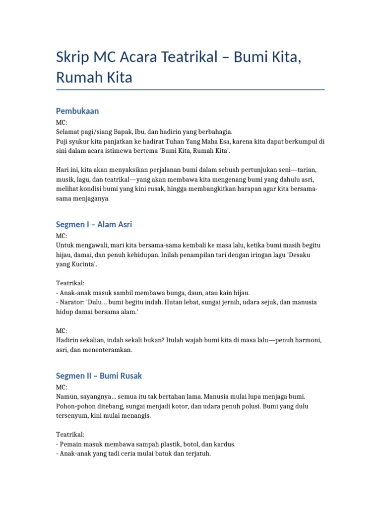 Skrip MC Bumi Kita | PDF