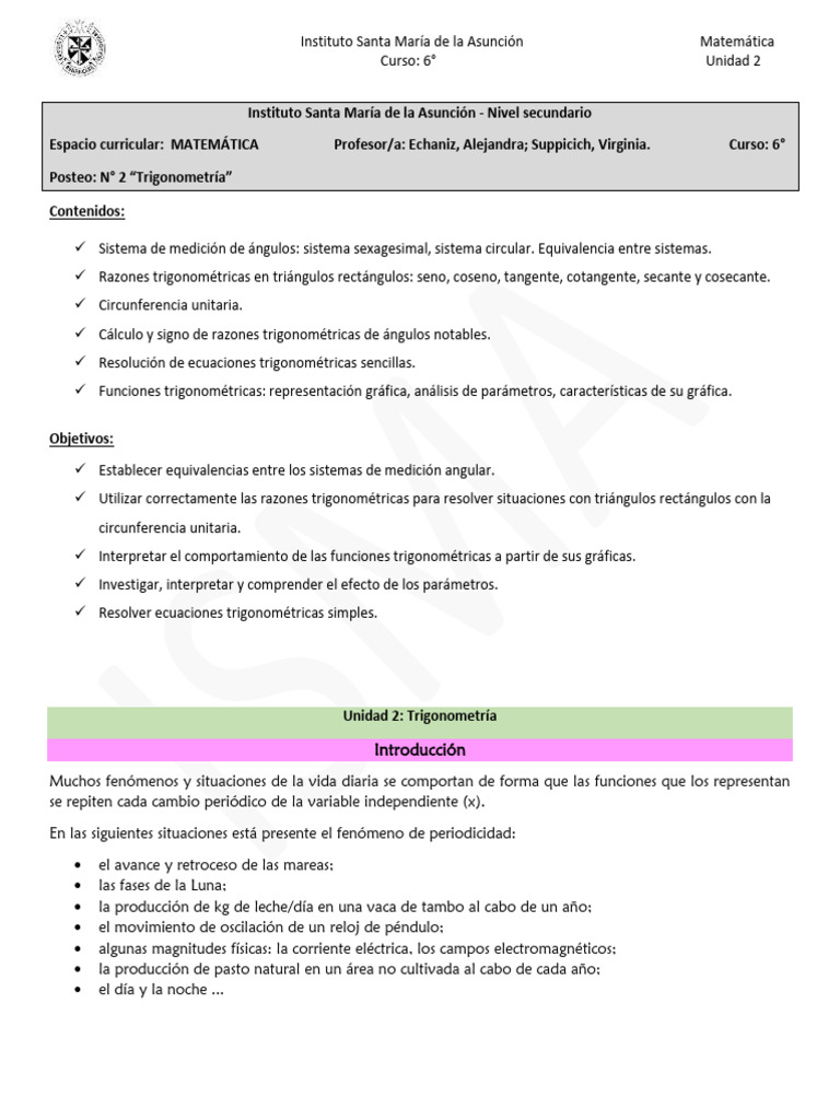 Unidad 2 MatemÃ¡Tica 6to TrigonometrÃ_a 2025 | PDF | Trigonometría | Funciones trigonométricas