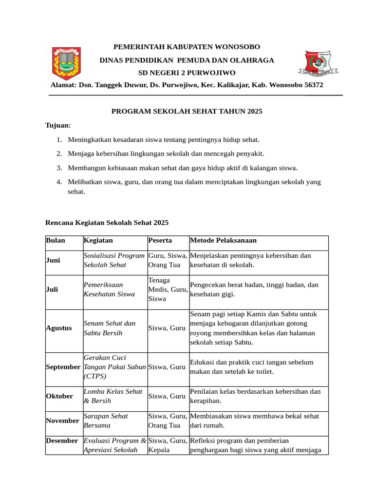 Program Sekolah Sehat Tahun 2025 SD Negeri 2 Purwojiwo | PDF