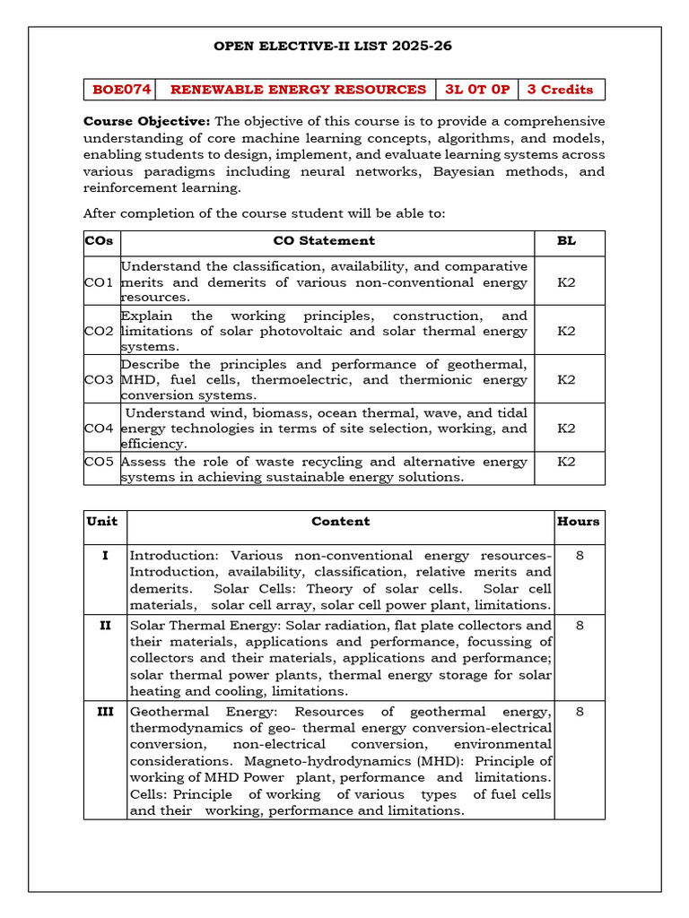 Renewable Energy Resources Course 2025-26 | PDF | Renewable Energy ...