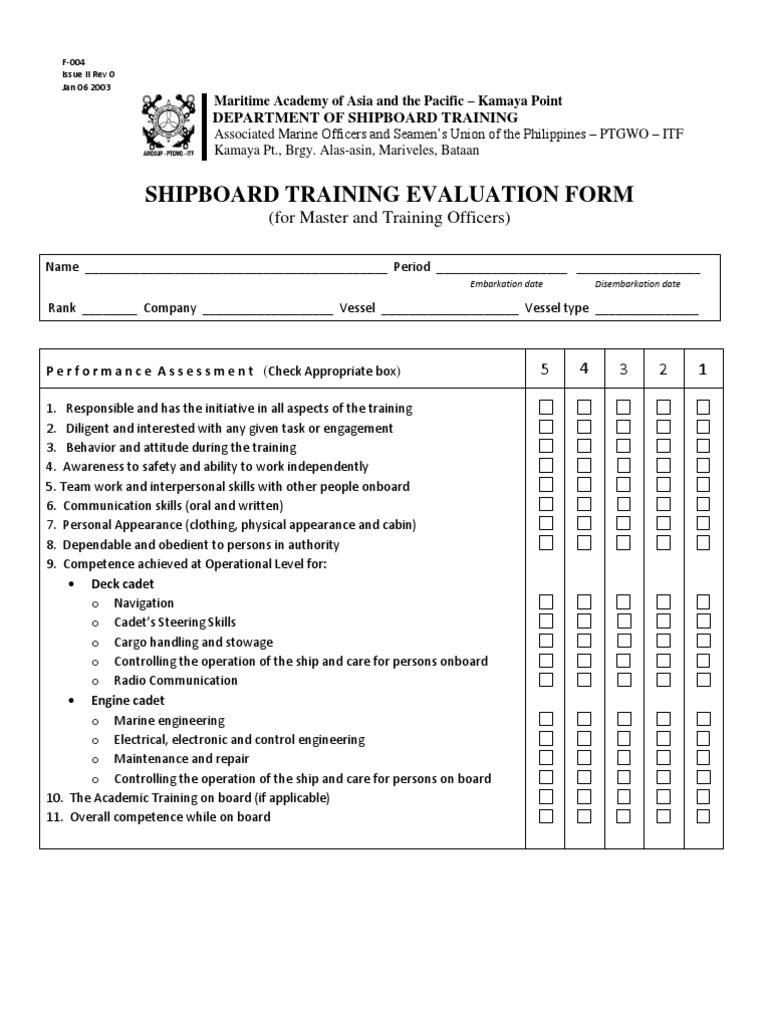 Shipboard Evaluation Form | PDF | Sailor | Ships