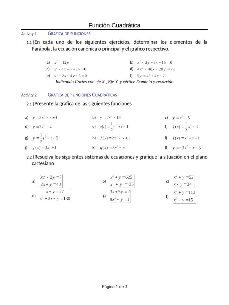 Ejercicios Sobre Funcion Cuadratica | PDF