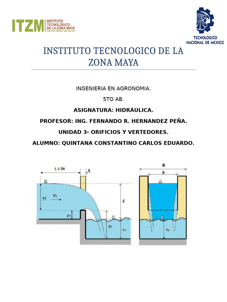 Unidad 3 Orificios y Vertedores | PDF | Descarga (hidrología) | Volumen