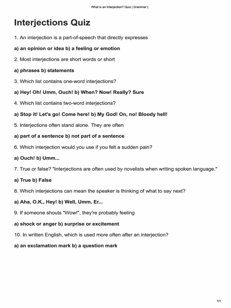 Interjections Quiz for Grammar Learners | PDF